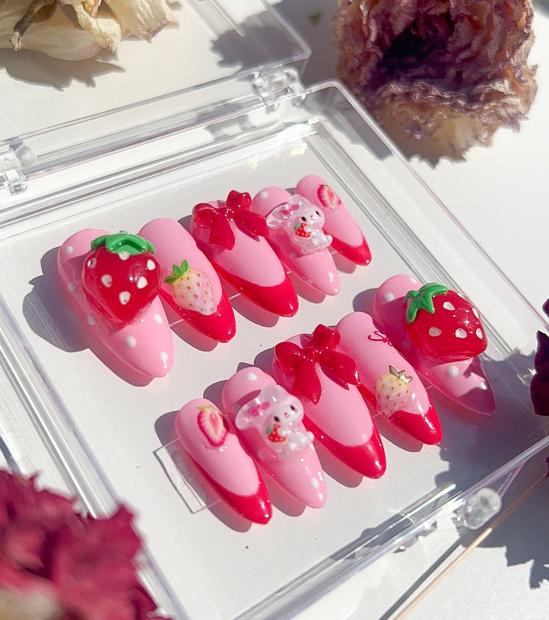 Kawaii Strawberry Pink Nails | Press on Nails | Deko Nails - Etsy
