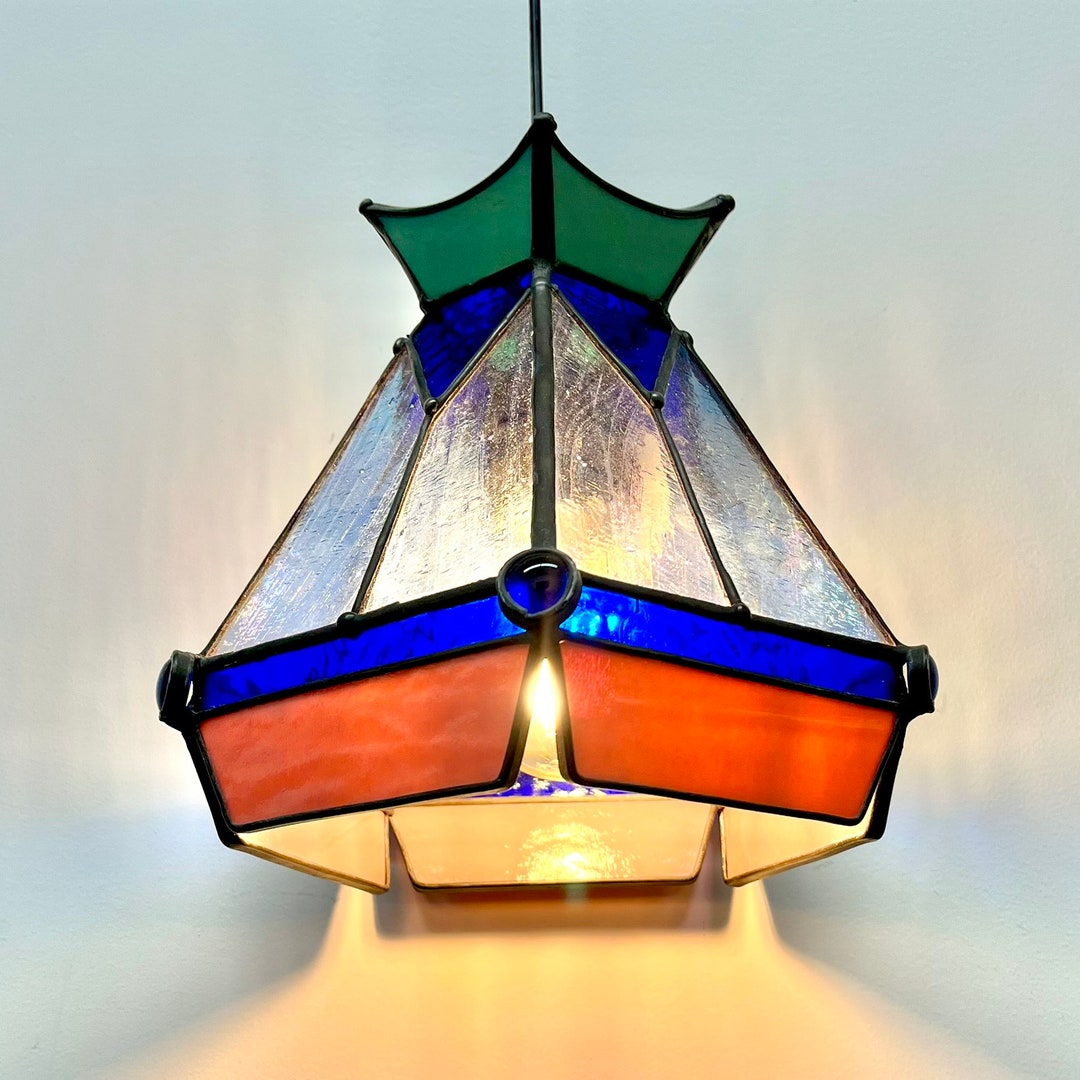 Small Hanging Arthur Lamp_art Deco Vintage Stained Glass Light (blue ...