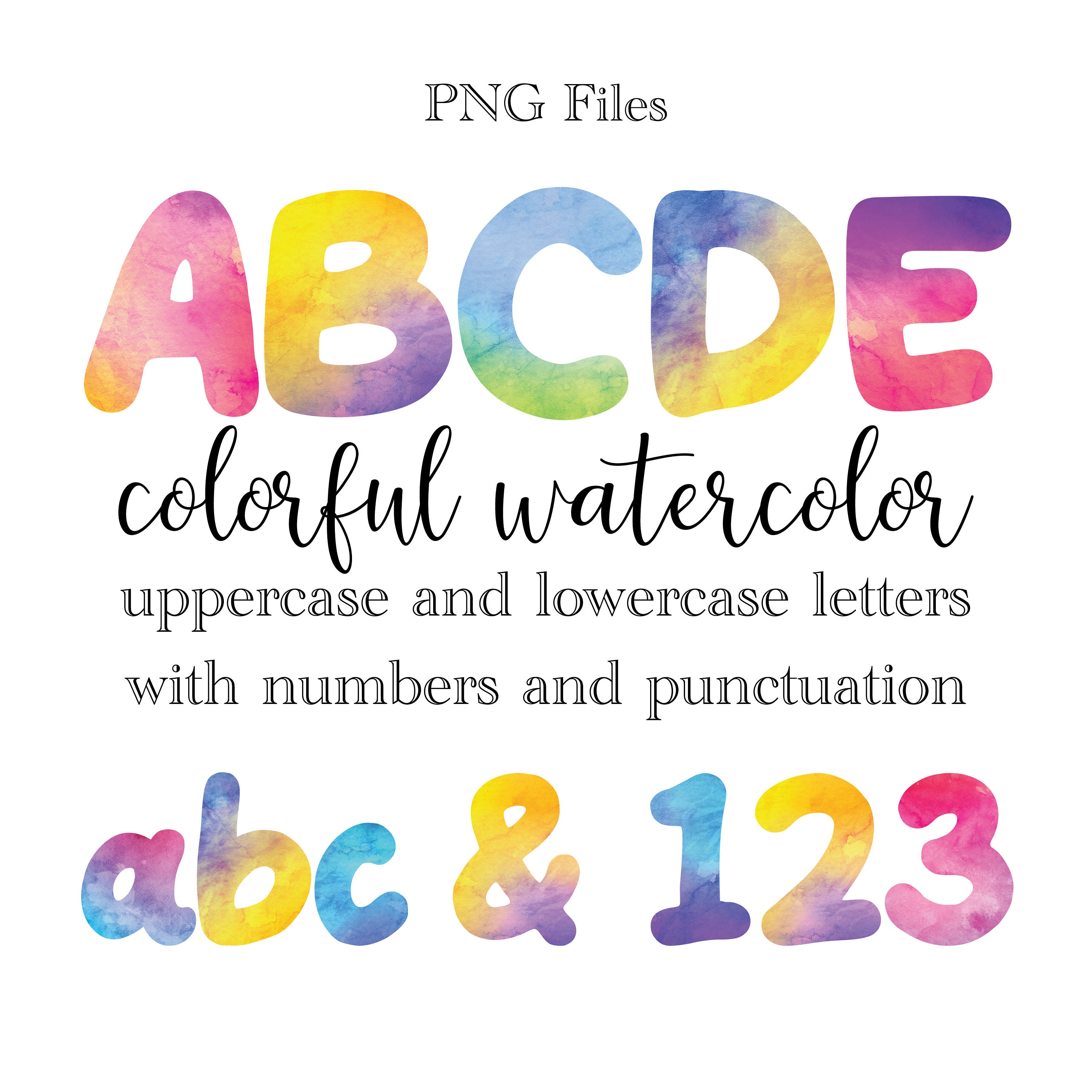 Colorful Watercolor Alphabet Letters and Numbers, Bright Colors Letters ...