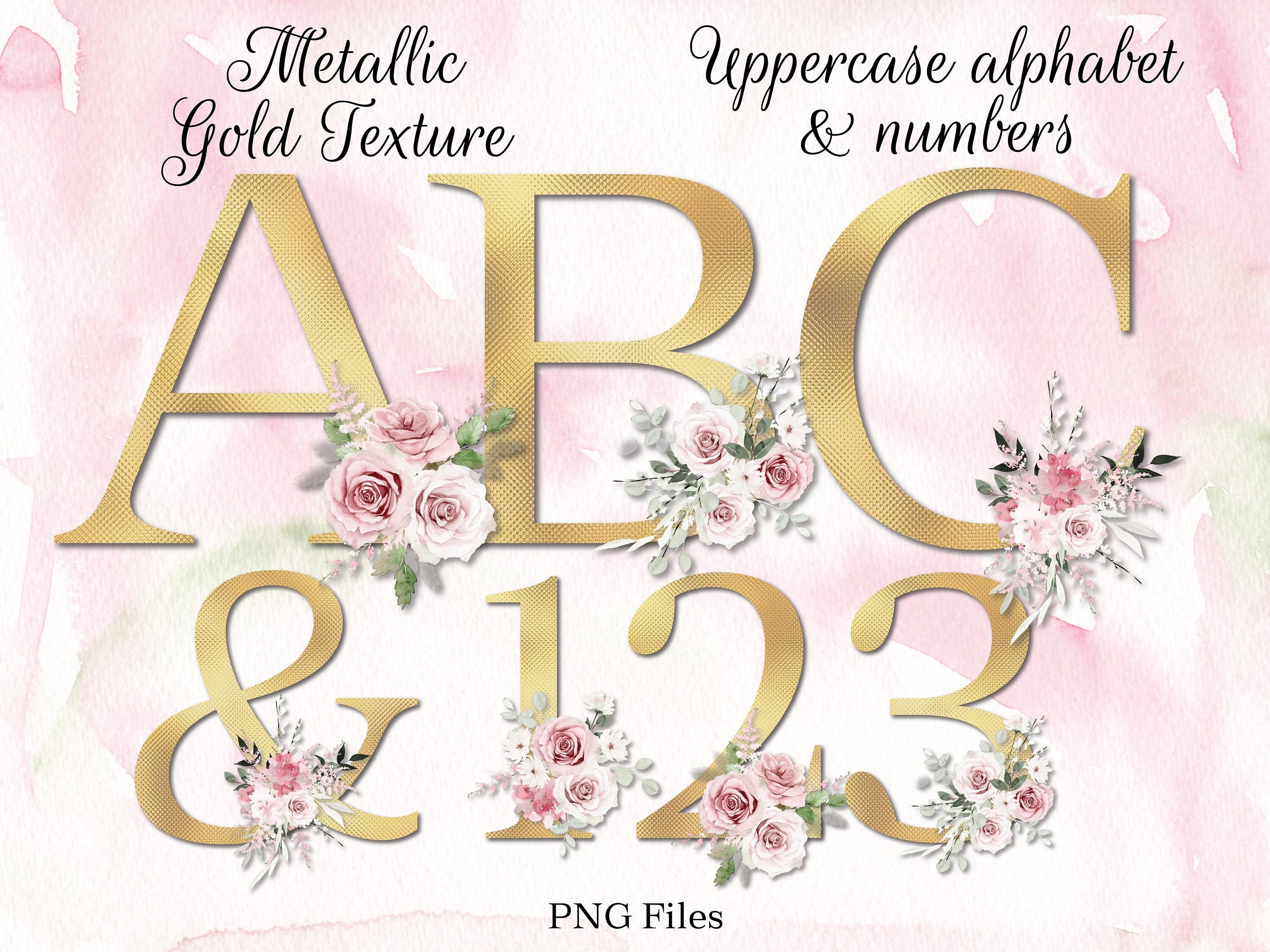 Watercolor Floral Alphabet Letters and Numbers, Metallic Gold Texture ...