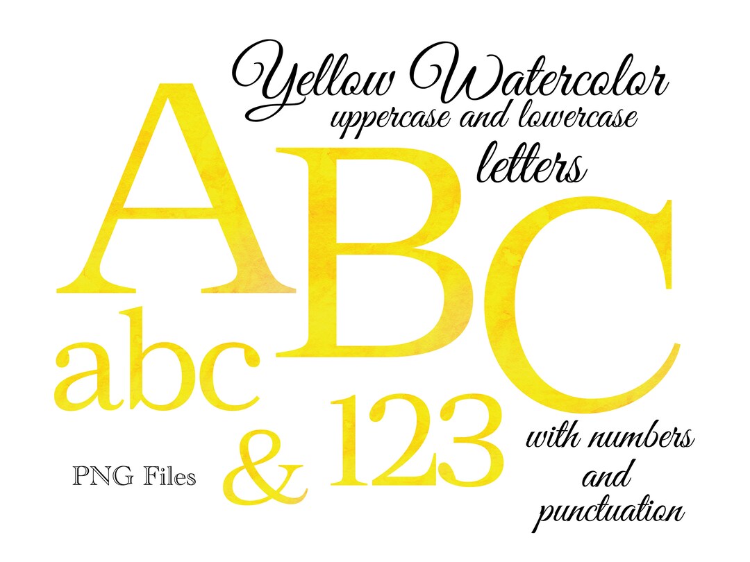 Yellow Watercolor Alphabet Letters and Numbers, Bright Lettering ...