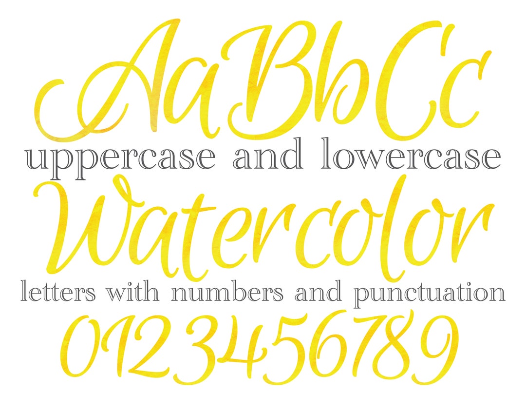 Yellow Watercolor Letters and Numbers, Script Watercolor Lettering ...