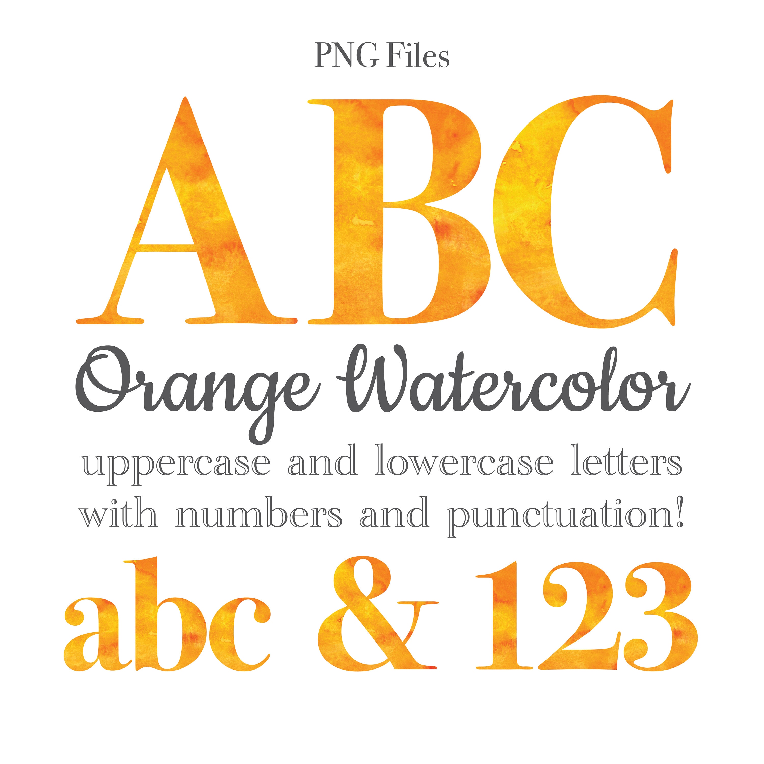 Orange Watercolor Alphabet Letters and Numbers, Fun Lettering ...