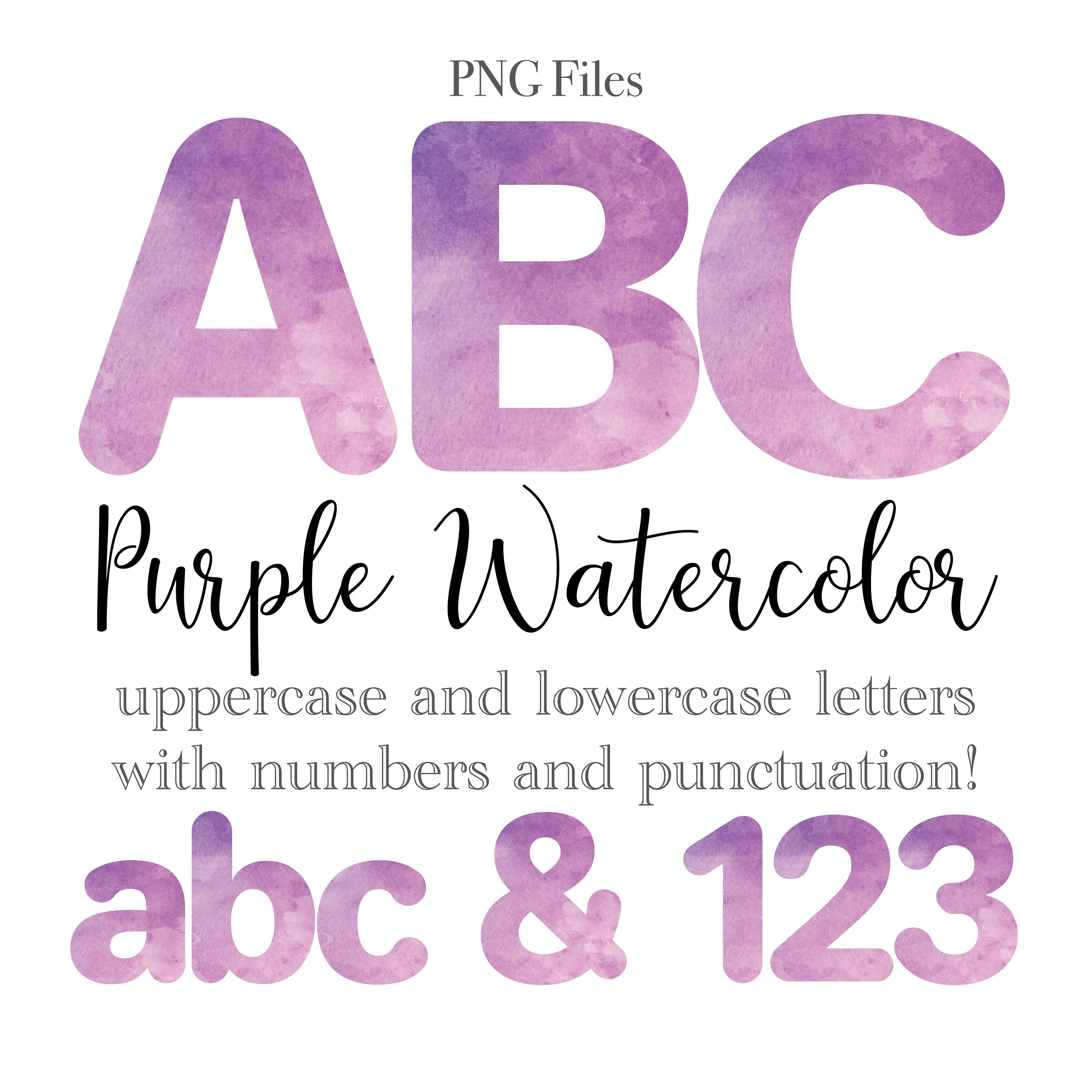 Purple Watercolor Alphabet Letters and Numbers, Wedding Lettering ...