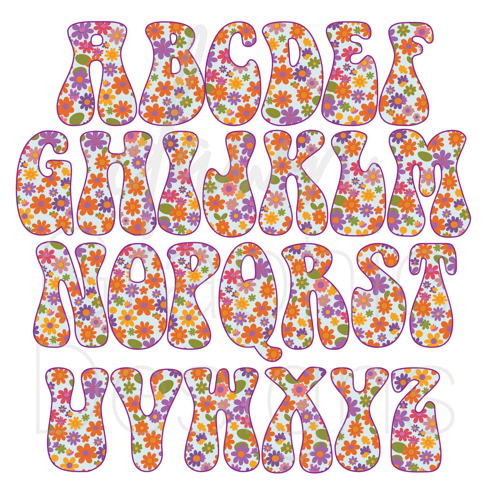 Retro Colorful Floral Lettering, Floral Alphabet Letters, Hippie ...