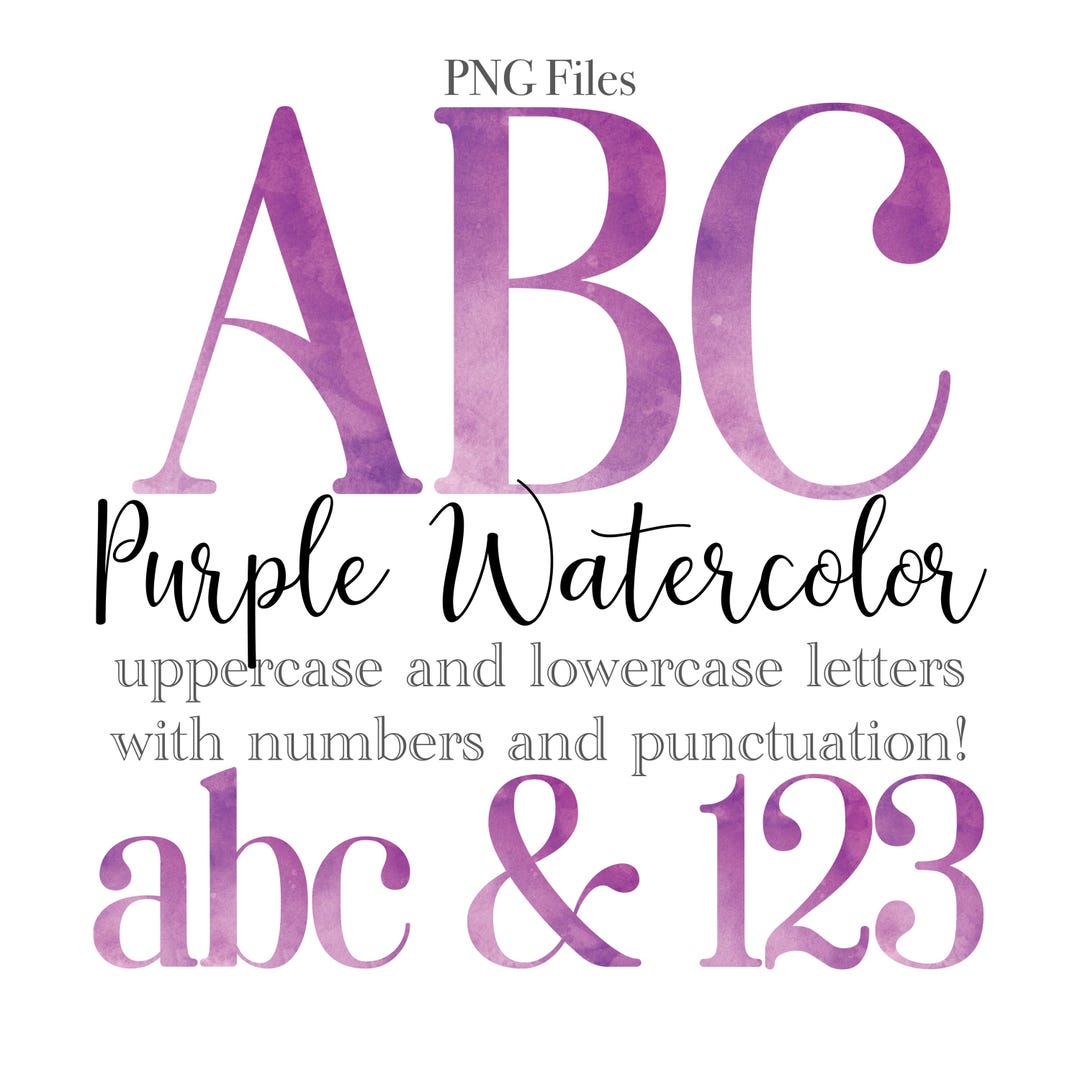 Purple Watercolor Alphabet Letters and Numbers, Baby Shower Lettering ...