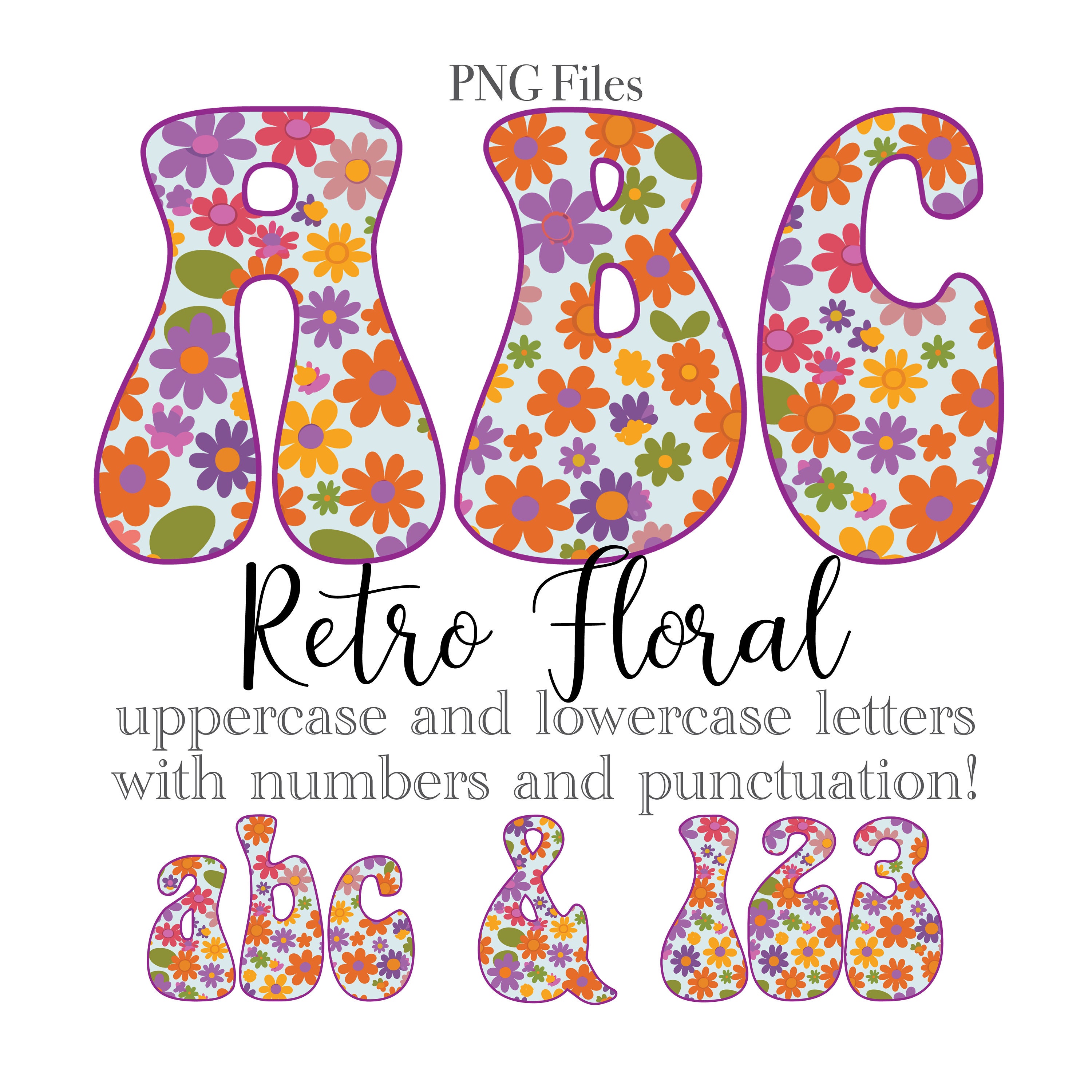 Retro Colorful Floral Lettering, Floral Alphabet Letters, Hippie ...