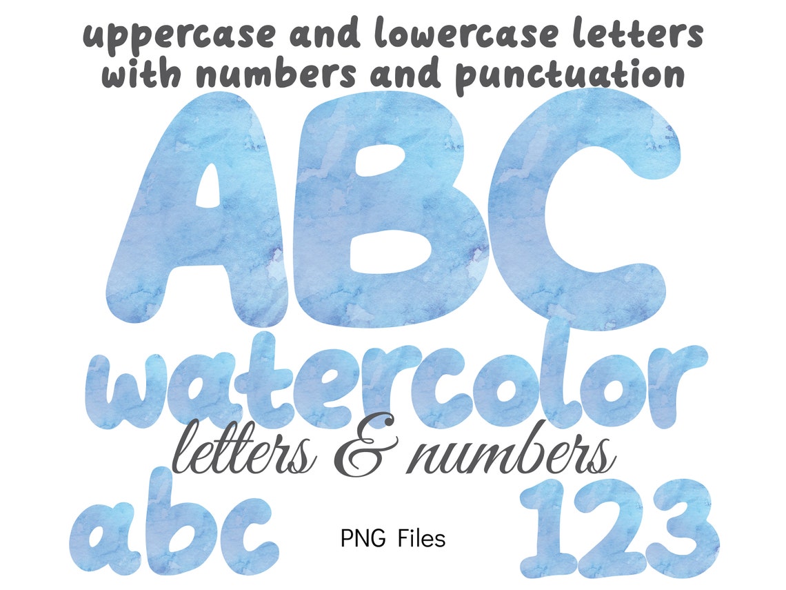 Blue Watercolor Alphabet Letters and Numbers, Light Blue Lettering ...