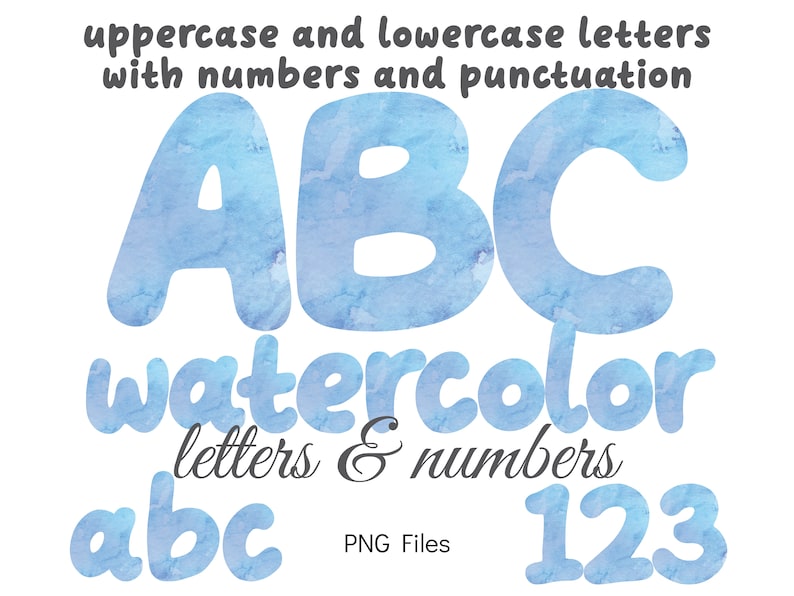 Blue Watercolor Alphabet Letters and Numbers, Light Blue Lettering ...