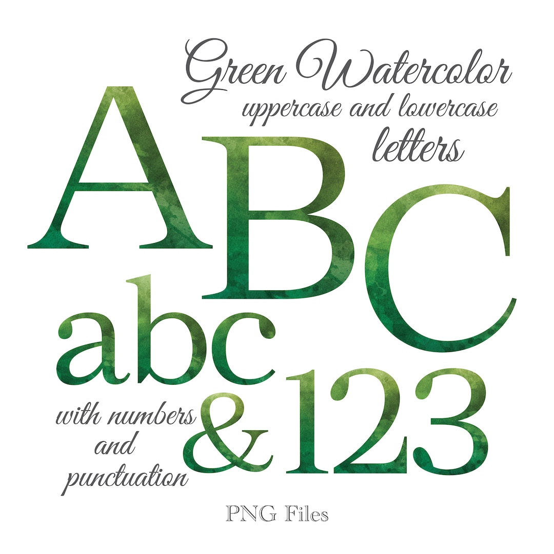 Green Watercolor Alphabet Letters and Numbers, Baby Boy Lettering ...