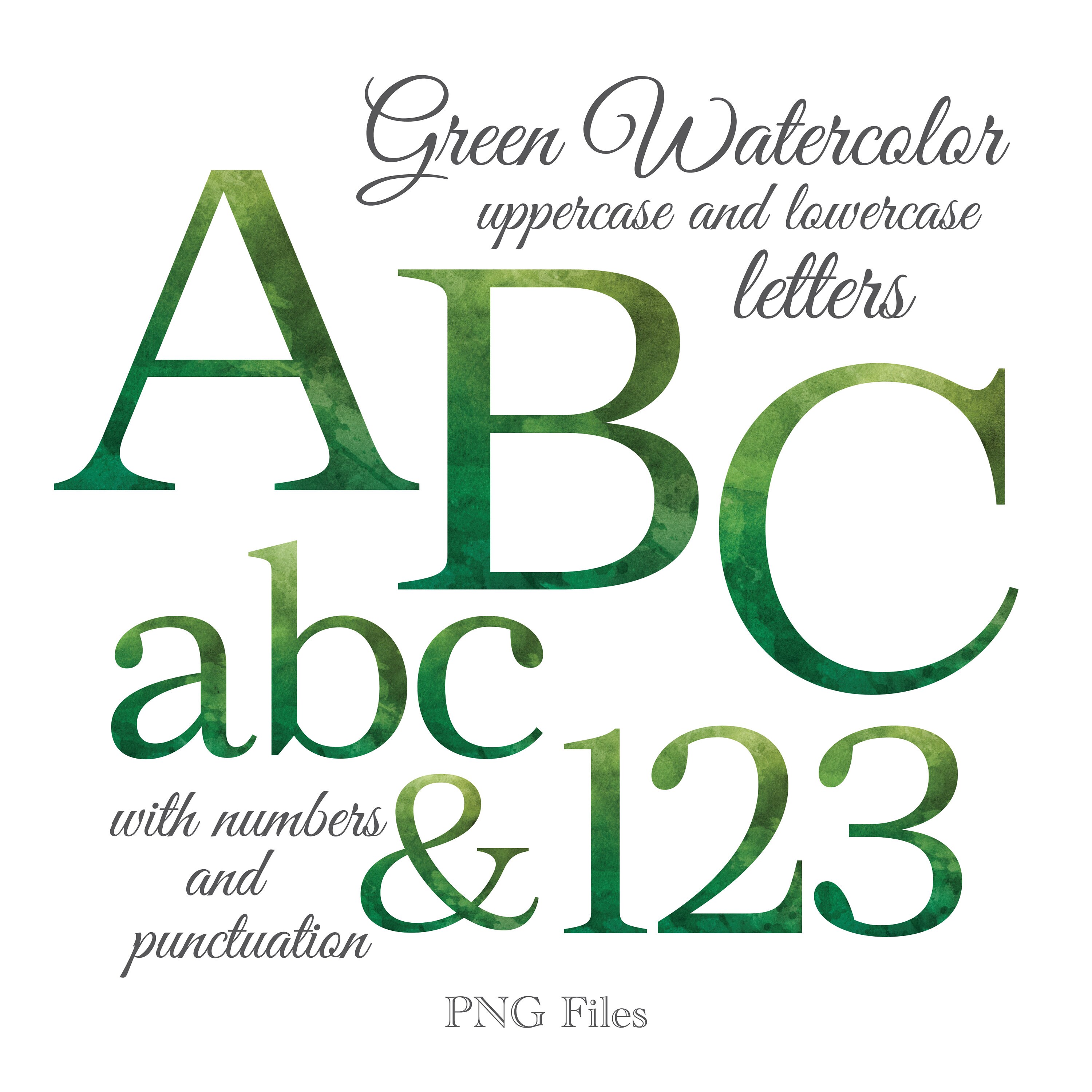 Green Watercolor Alphabet Letters and Numbers, Baby Boy Lettering ...