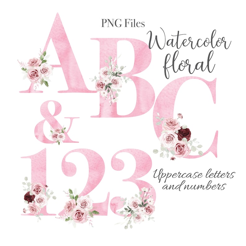 Pink Watercolor Floral Alphabet Letters and Numbers, Blush Watercolor ...