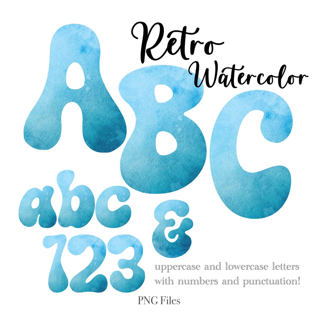 Blue Watercolor Alphabet Letters and Numbers, Retro Lettering ...