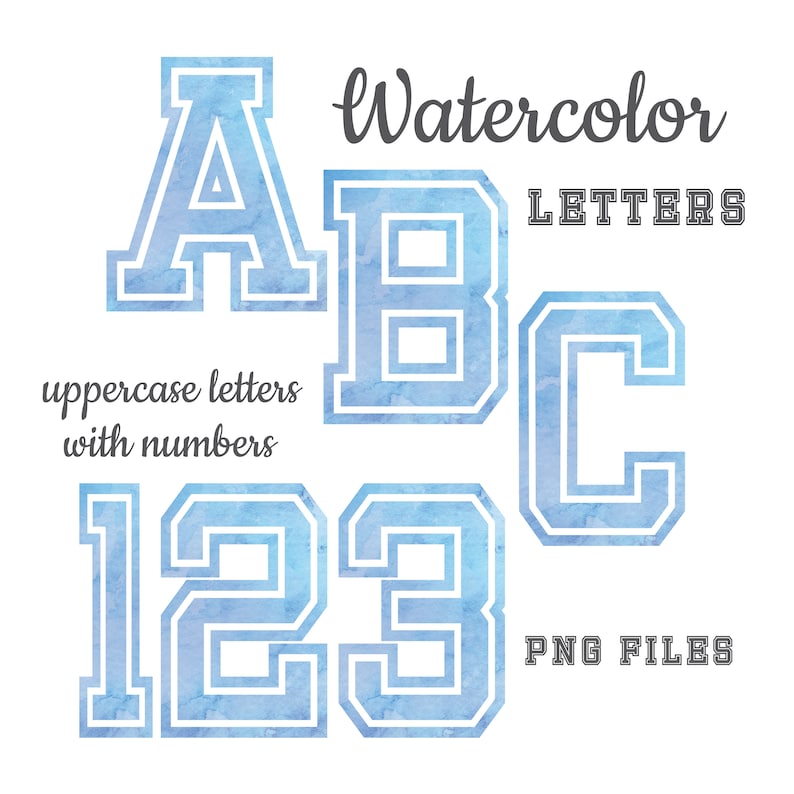 Blue Watercolor Alphabet Letters and Numbers, Varsity Lettering ...
