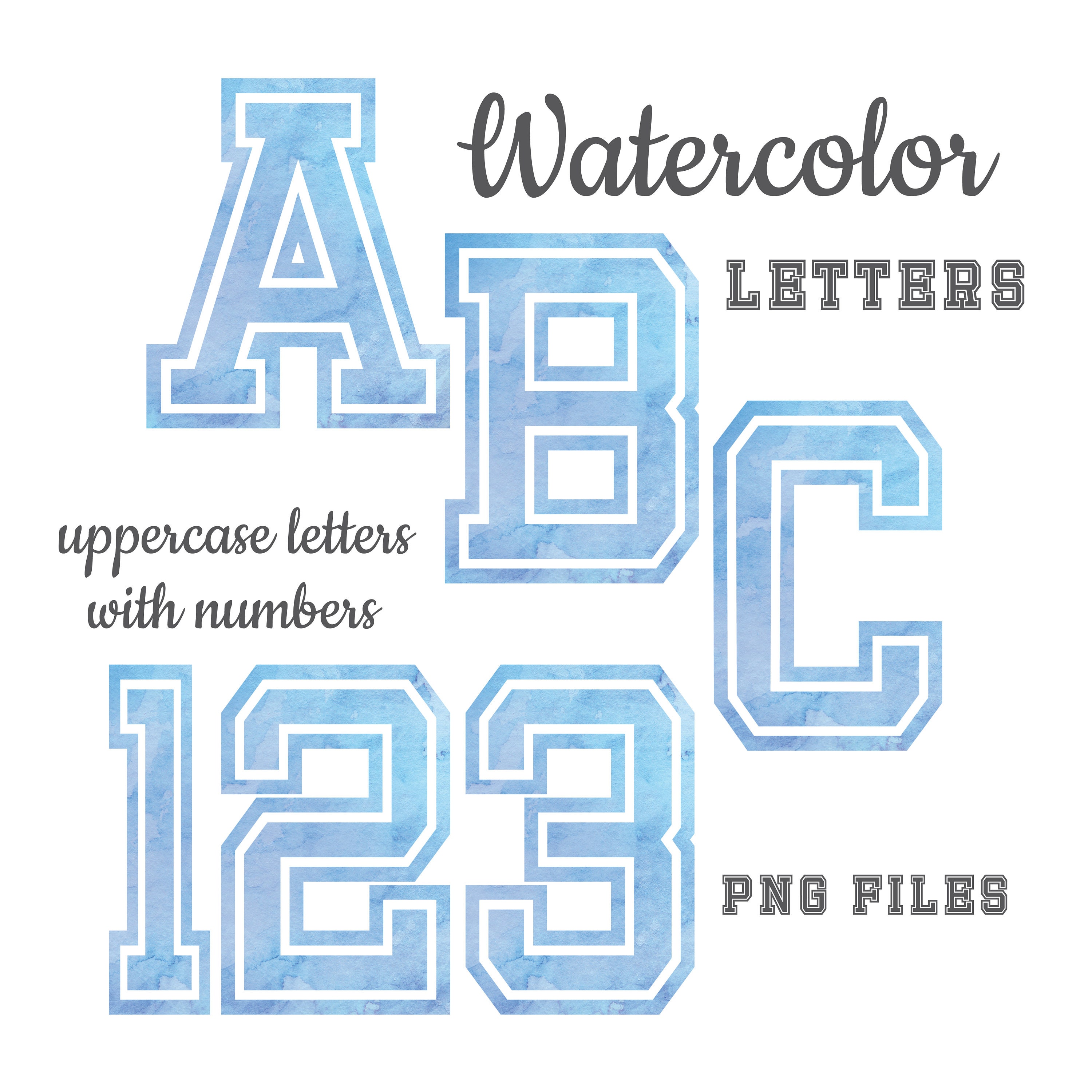 Blue Watercolor Alphabet Letters and Numbers, Varsity Lettering ...