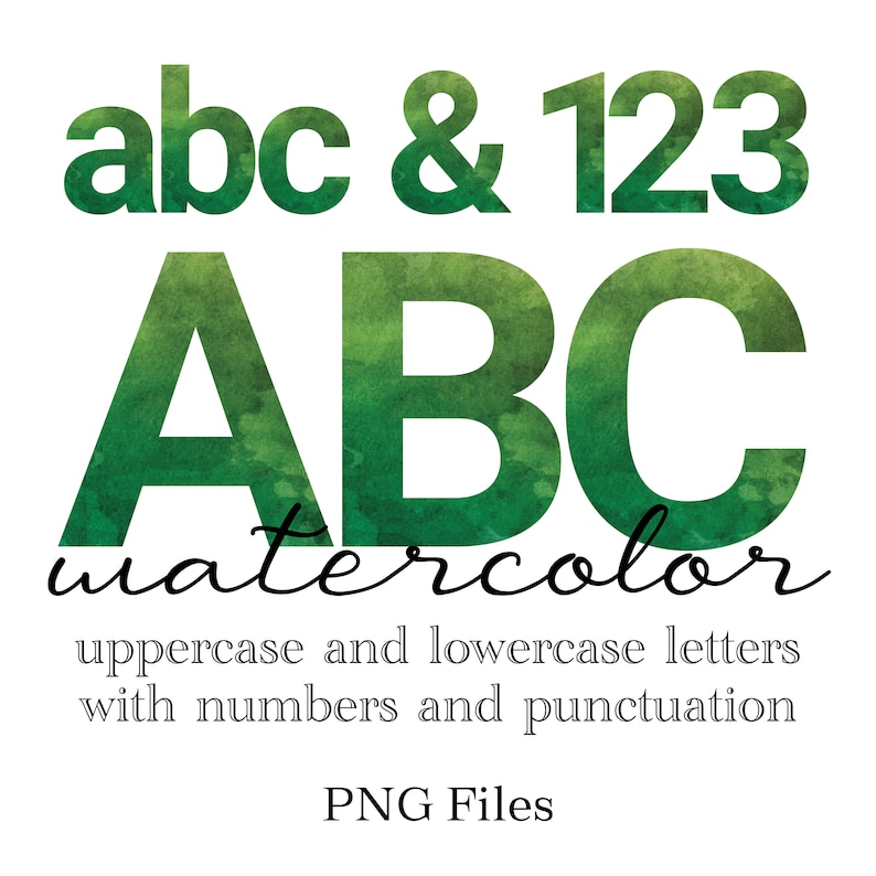 Green Watercolor Lettering and Numbers, PNG Files for Sublimation ...