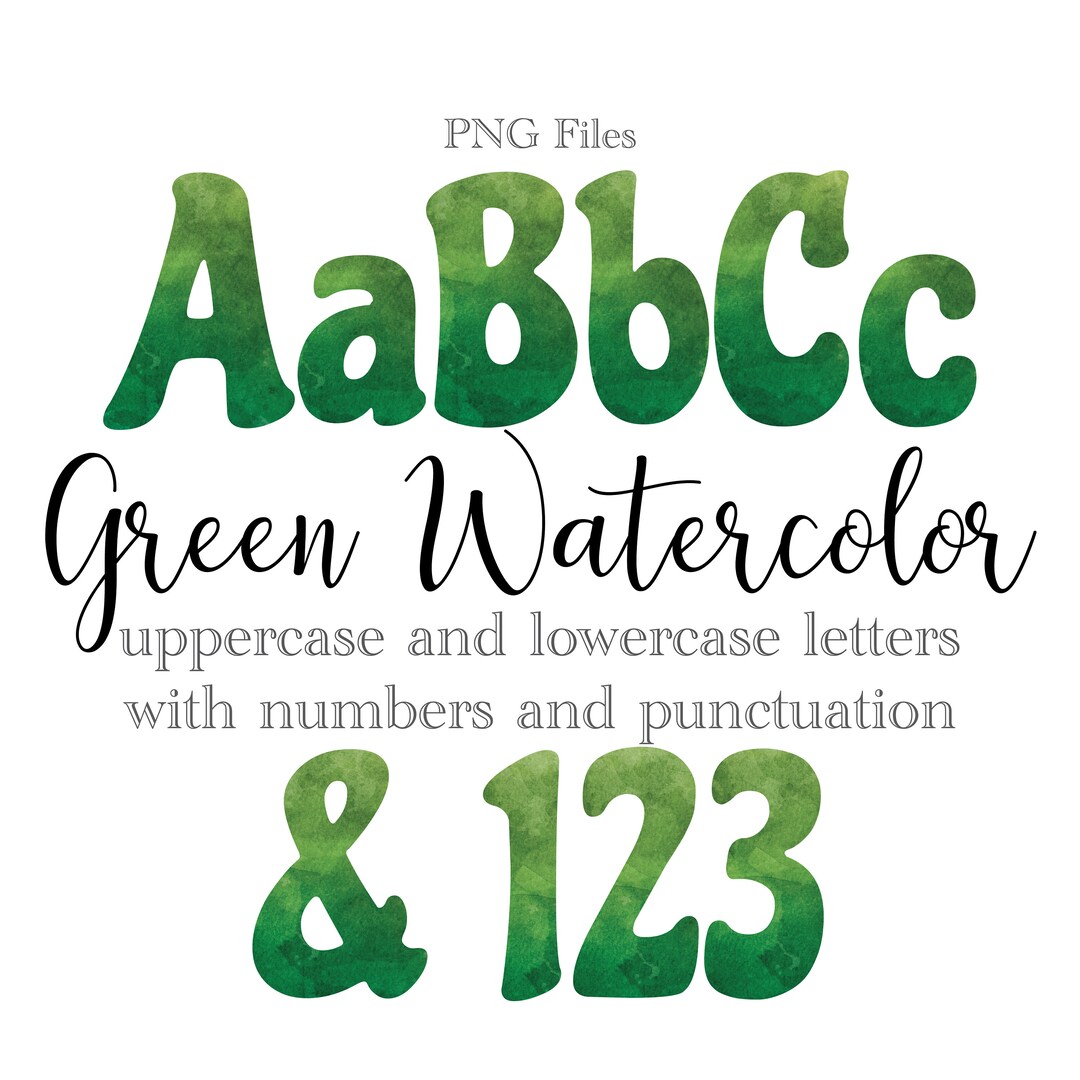 Green Watercolor Alphabet Letters and Numbers, Baby Shower Lettering ...
