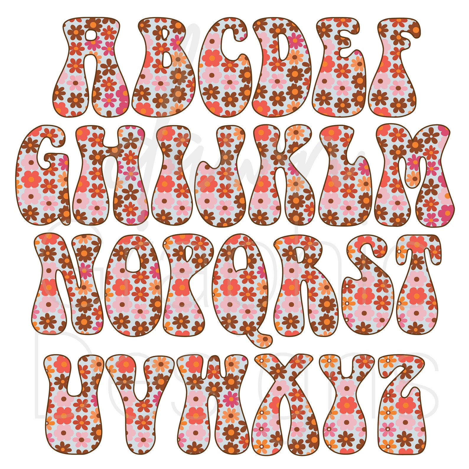 Retro Flower Lettering, Floral Alphabet Letters, Hippie Letters ...