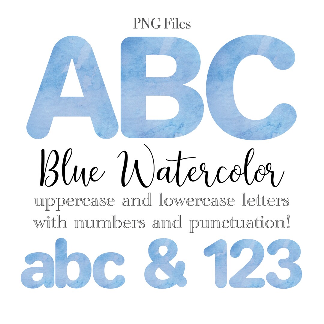 Blue Watercolor Alphabet Letters and Numbers, Baby Shower Lettering ...