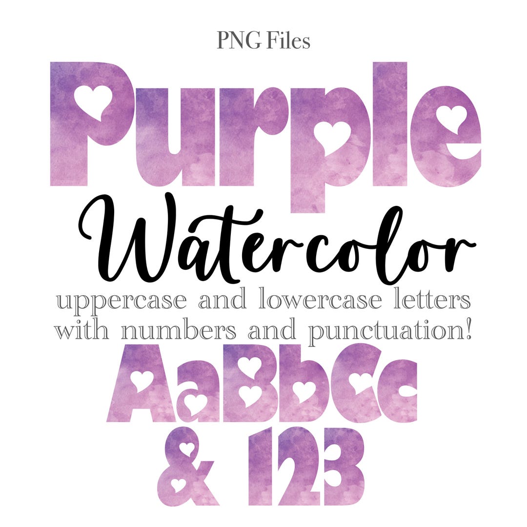 Purple Watercolor Alphabet Letters and Numbers, Bridal Shower Lettering ...