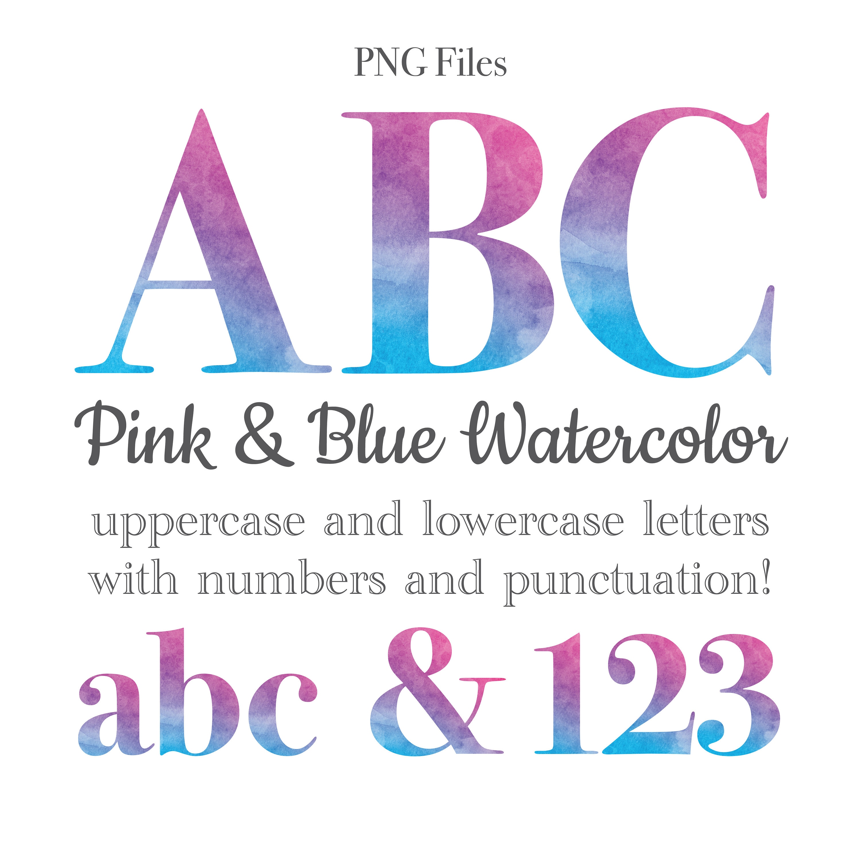 Pink and Blue Watercolor Letters and Numbers, Ombre Watercolor ...