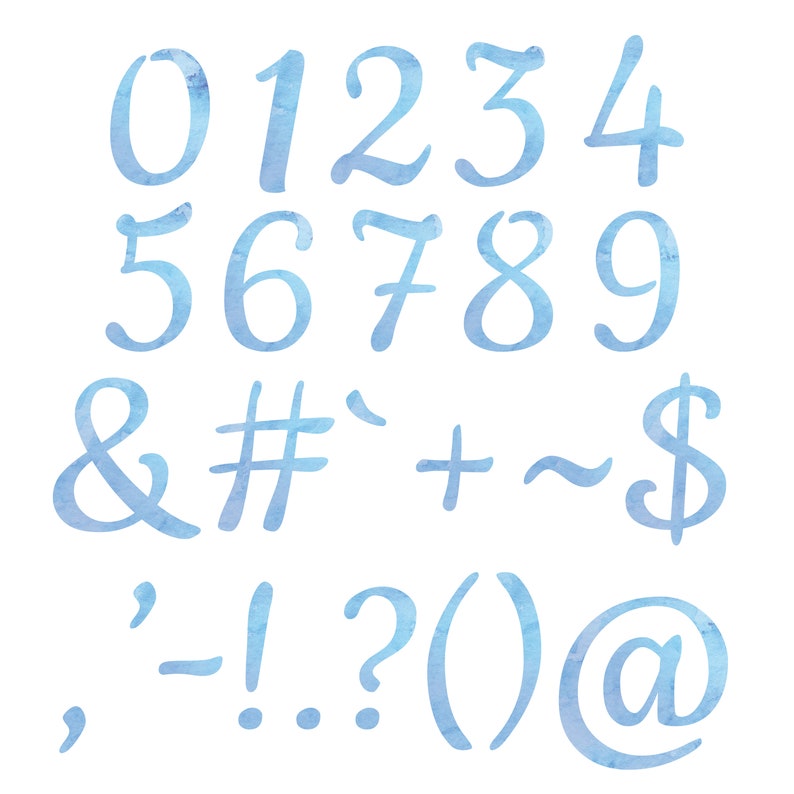 Blue Watercolor Letters and Numbers, Script Watercolor Lettering ...