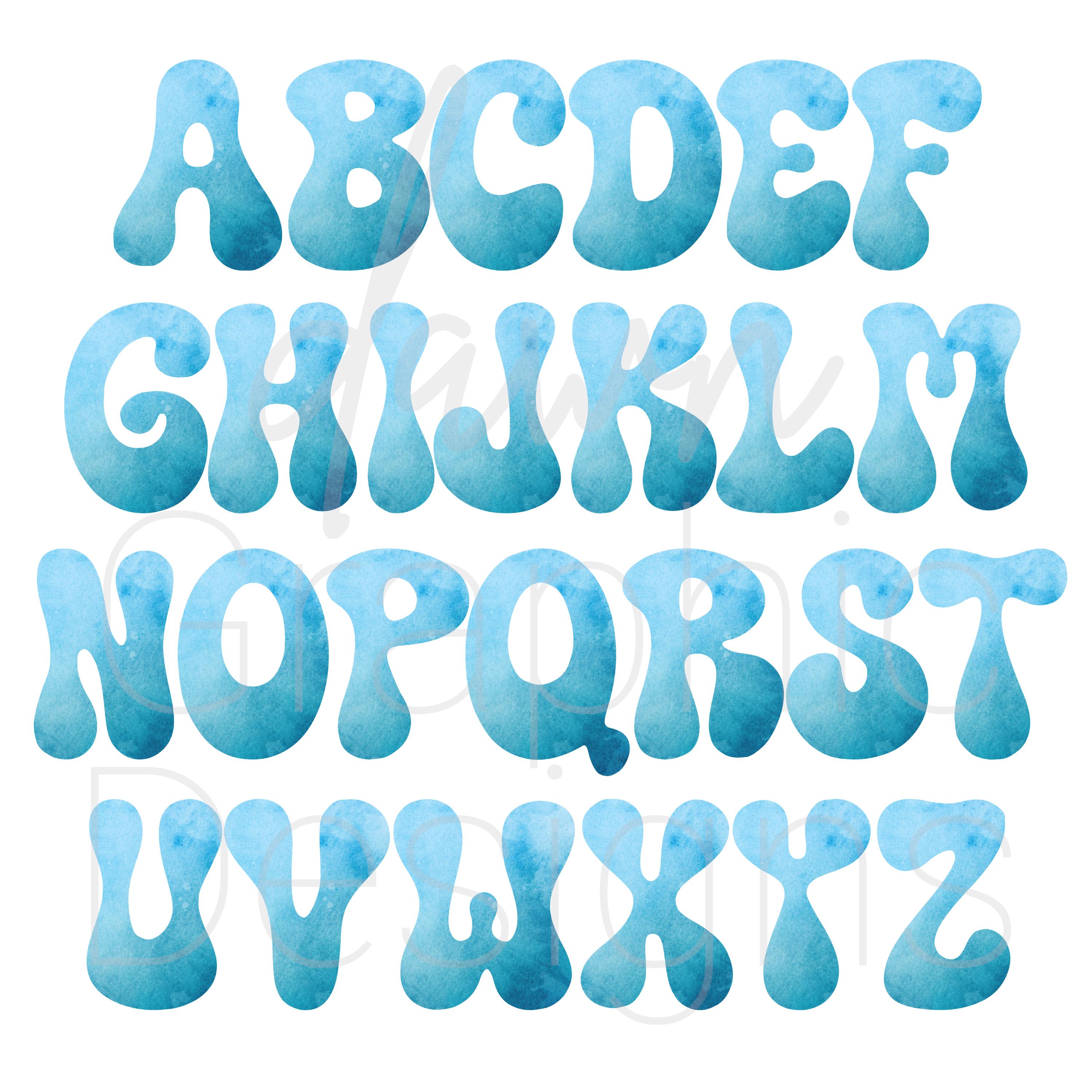 Blue Watercolor Alphabet Letters and Numbers, Retro Lettering ...