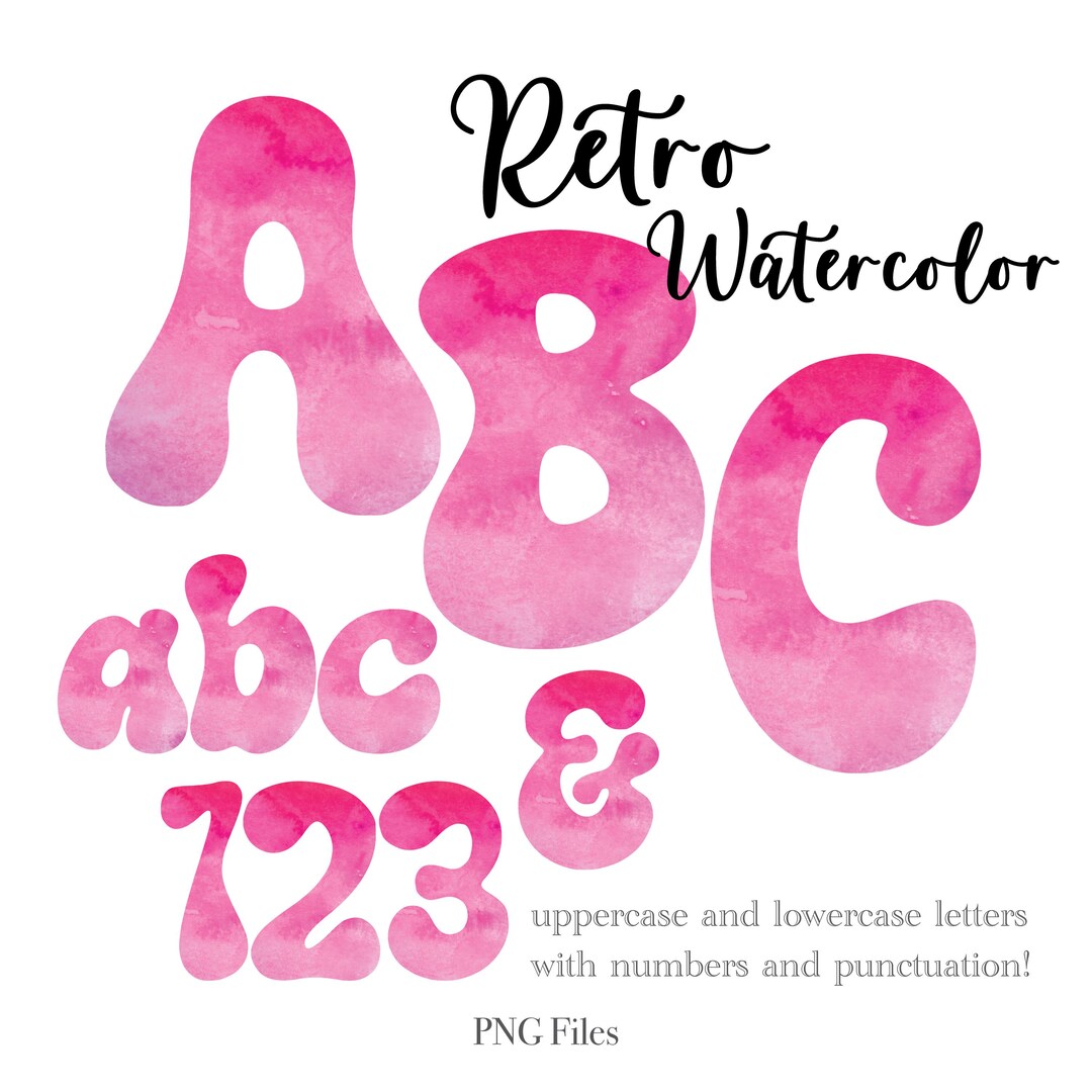Pink Watercolor Alphabet Letters and Numbers, Retro Lettering ...