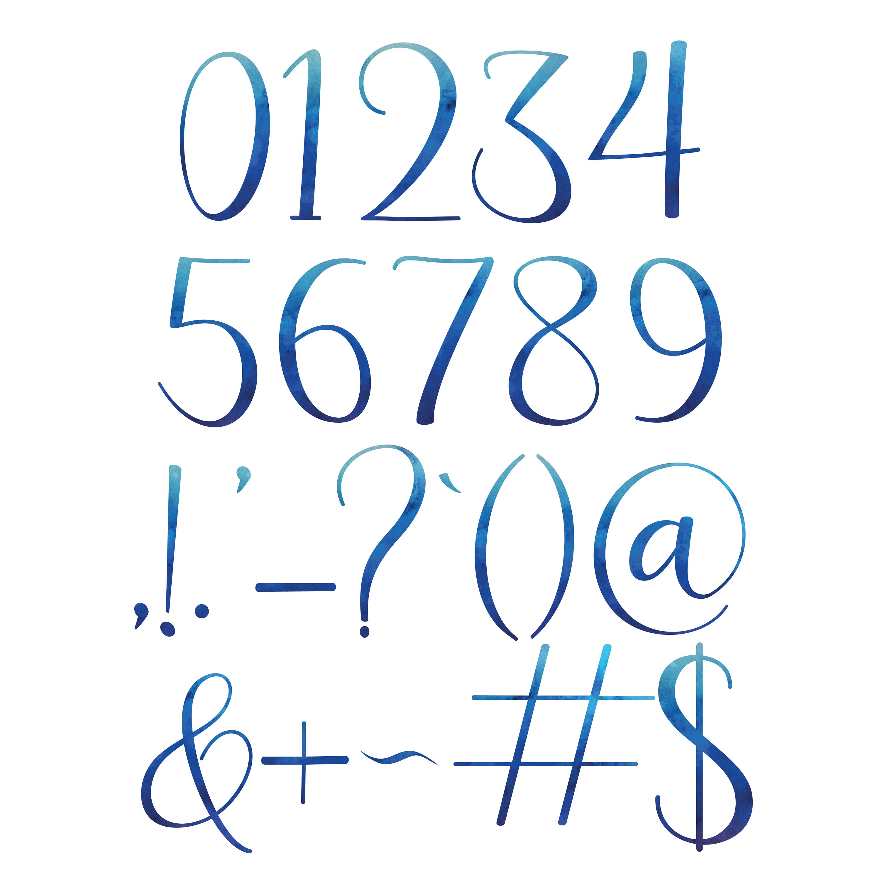 Blue Watercolor Letters and Numbers, Script Watercolor Lettering ...