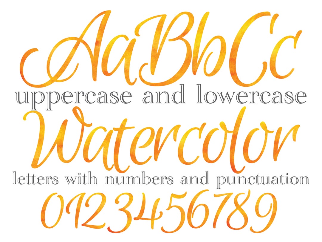 Orange Watercolor Letters and Numbers, Script Watercolor Lettering ...