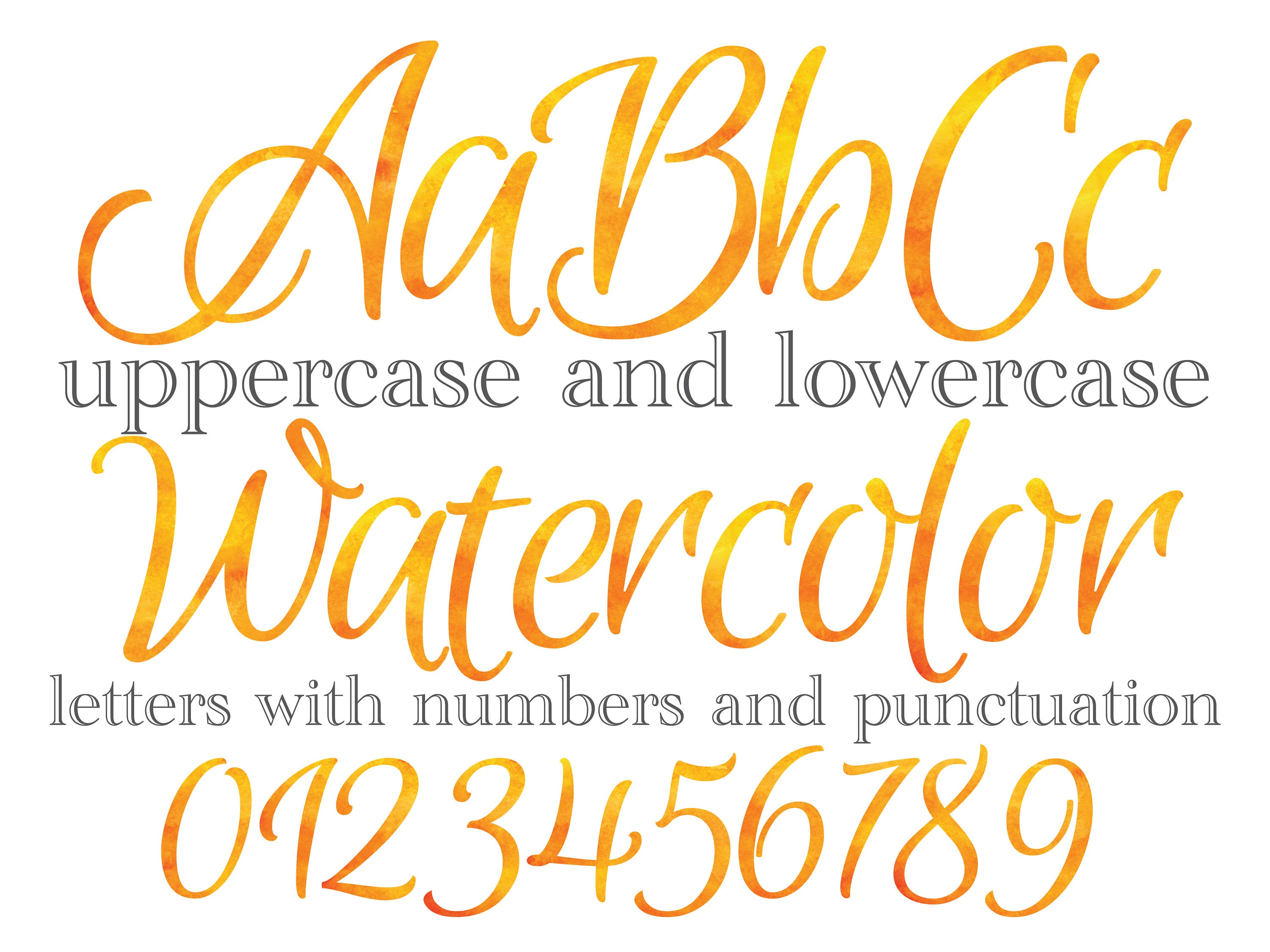 Orange Watercolor Letters and Numbers, Script Watercolor Lettering ...