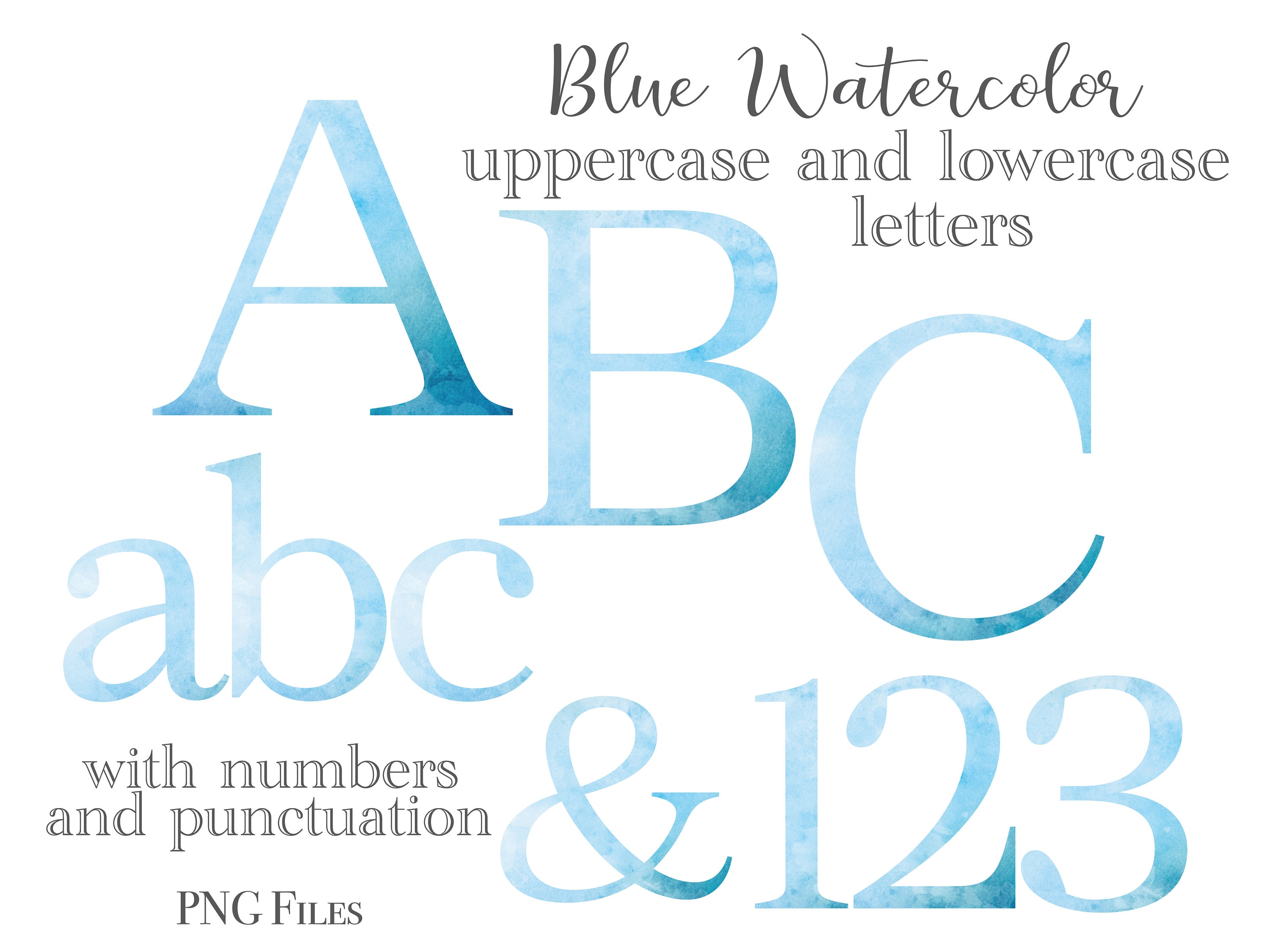 Blue Watercolor Alphabet Letters and Numbers, Wedding Lettering ...