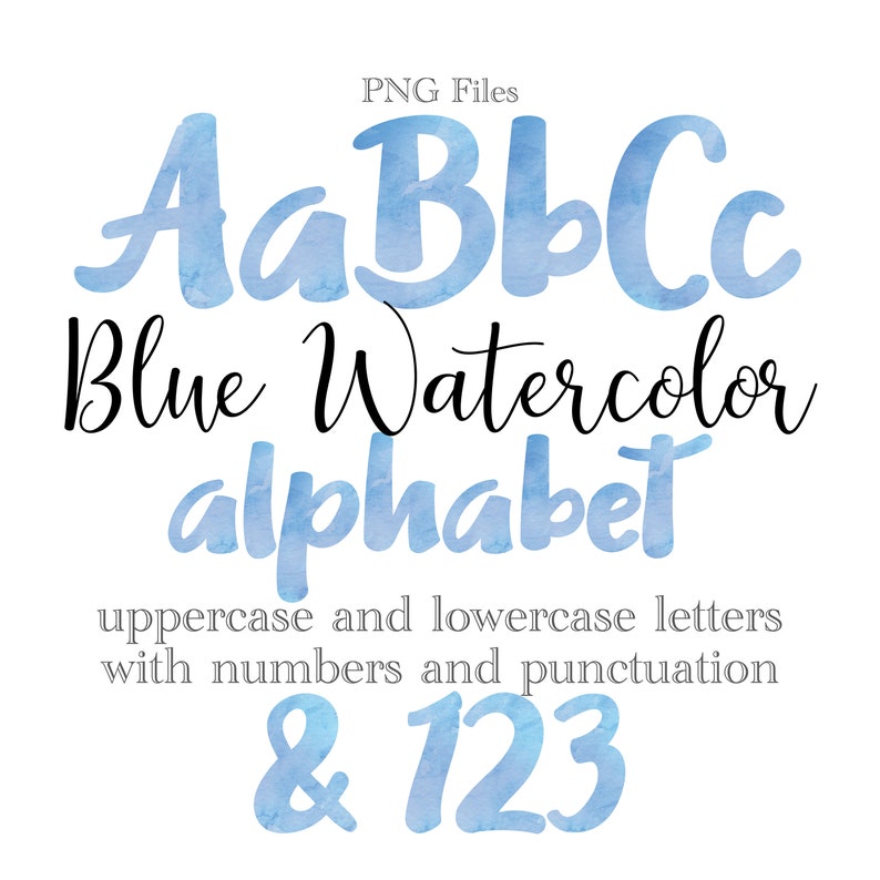 Blue Watercolor Alphabet Letters and Numbers, Baby Shower Lettering ...