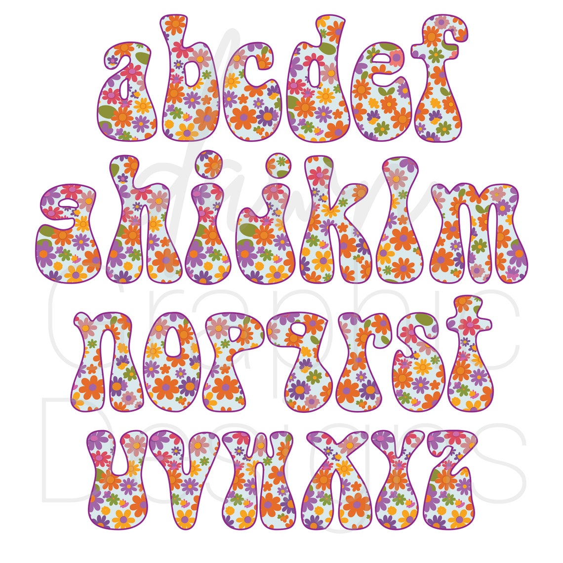 Retro Colorful Floral Lettering, Floral Alphabet Letters, Hippie ...