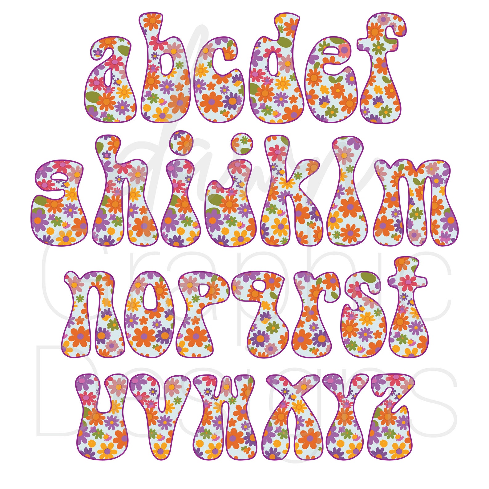 Retro Colorful Floral Lettering, Floral Alphabet Letters, Hippie ...
