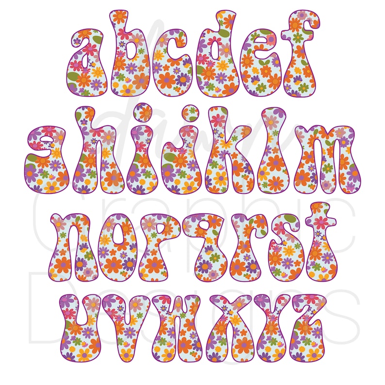 Retro Colorful Floral Lettering, Floral Alphabet Letters, Hippie ...
