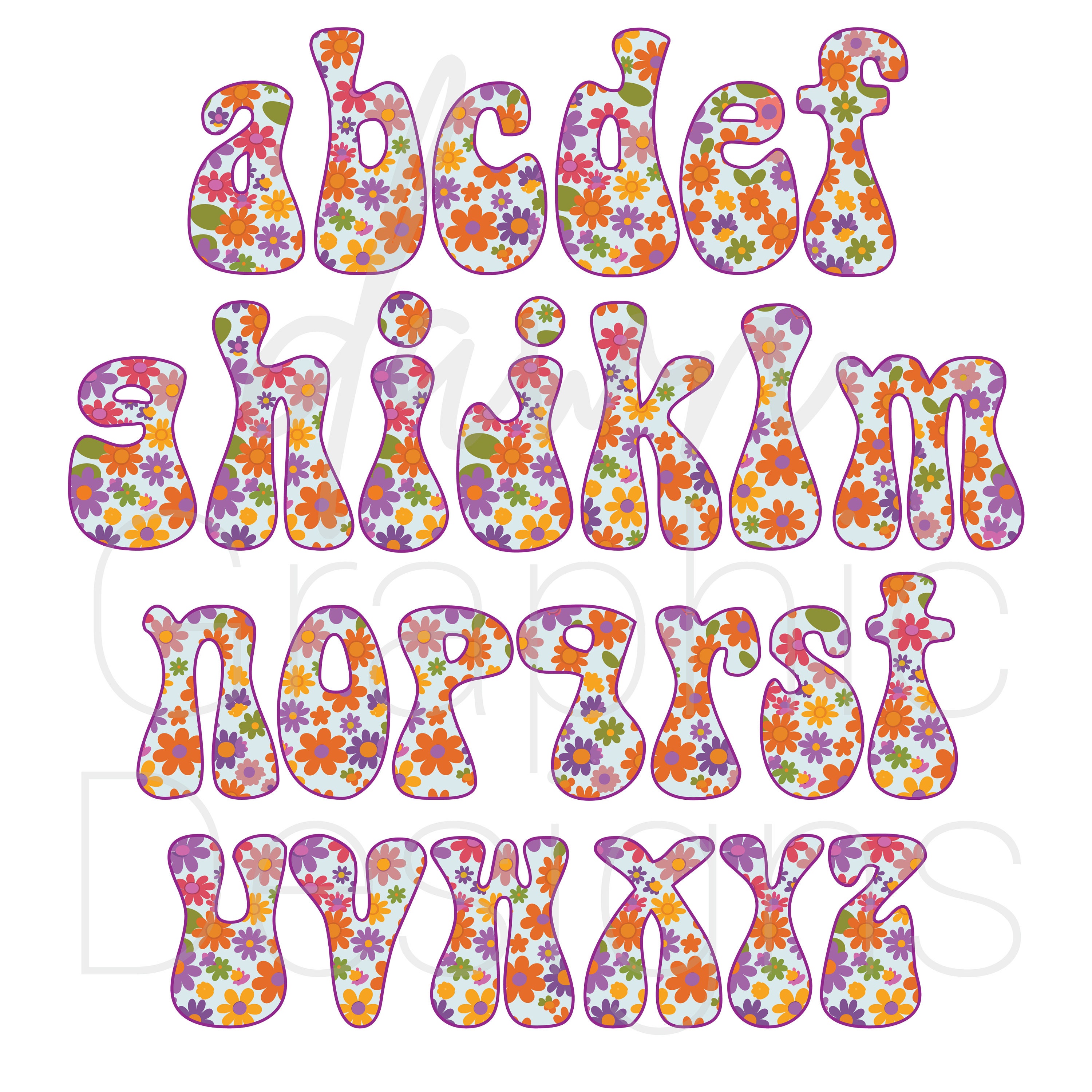 Retro Colorful Floral Lettering, Floral Alphabet Letters, Hippie ...