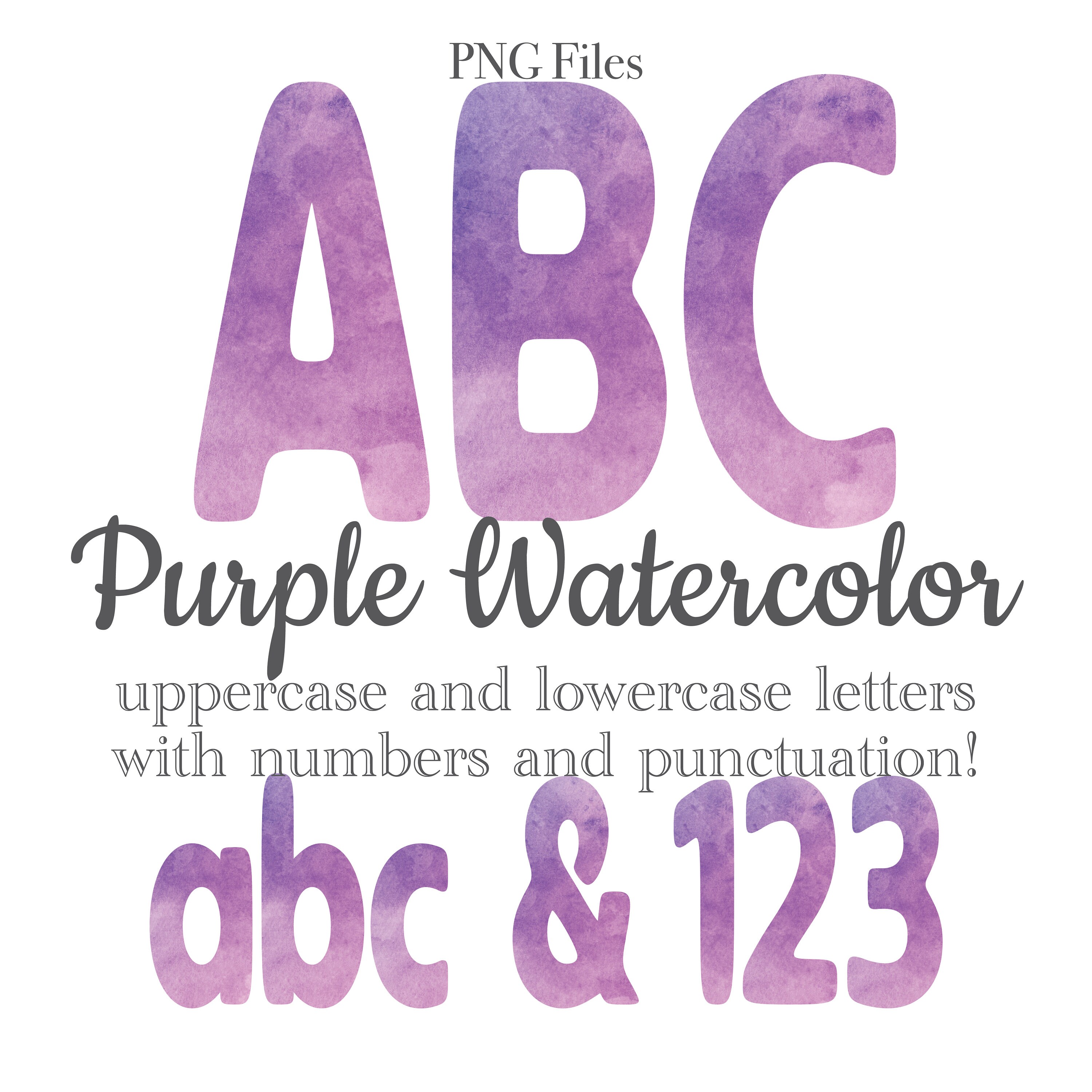 Purple Watercolor Alphabet Letters and Numbers, Wedding Lettering ...