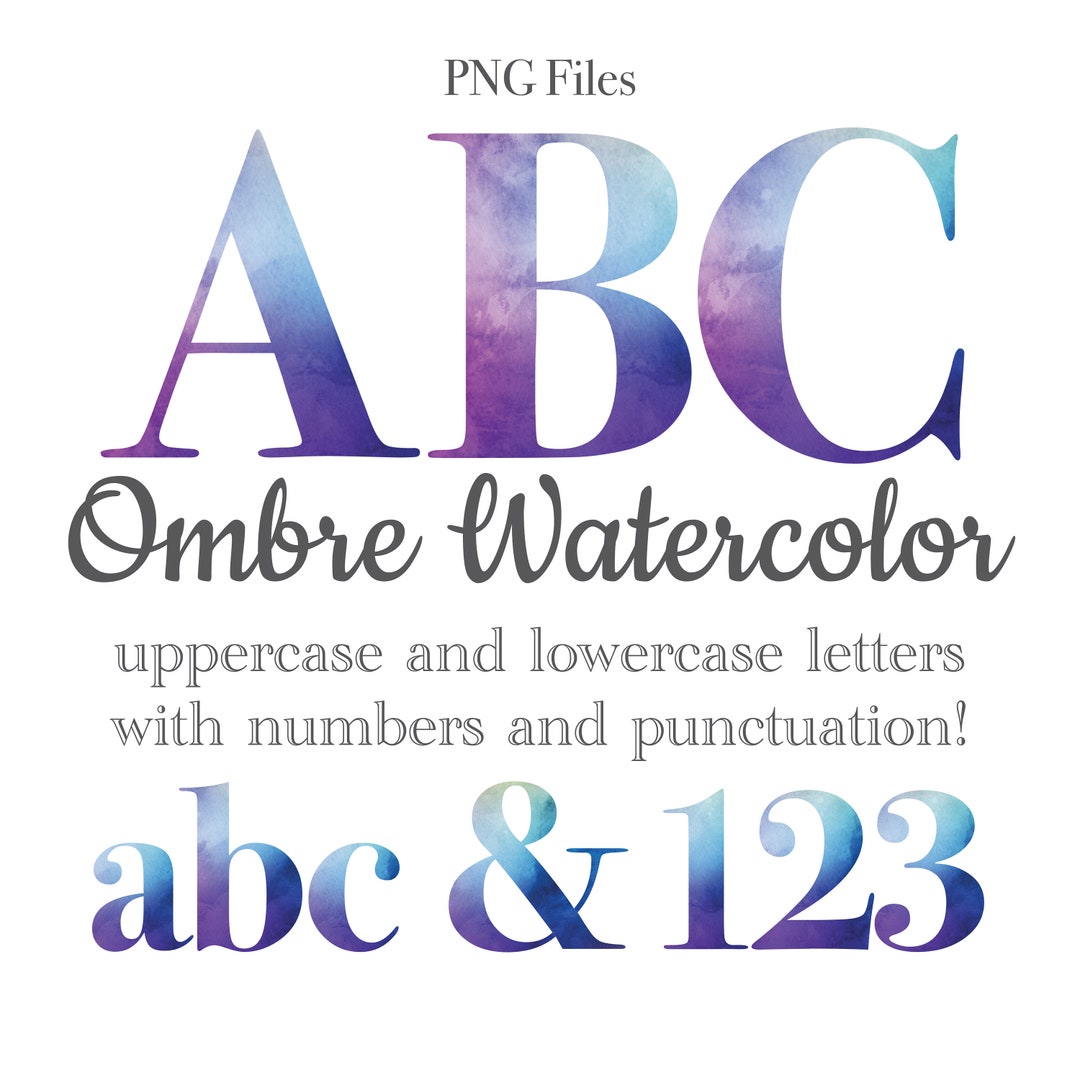 Purple Blue Watercolor Alphabet Letters and Numbers, Ombre Lettering ...
