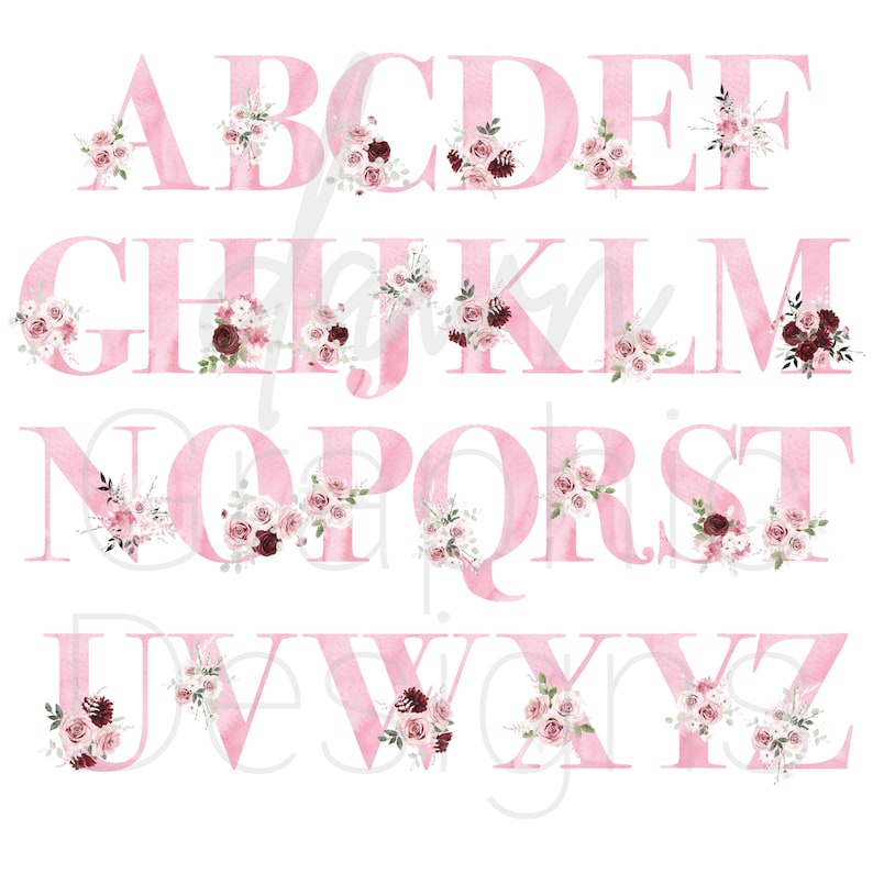 Pink Watercolor Floral Alphabet Letters and Numbers, Blush Watercolor ...