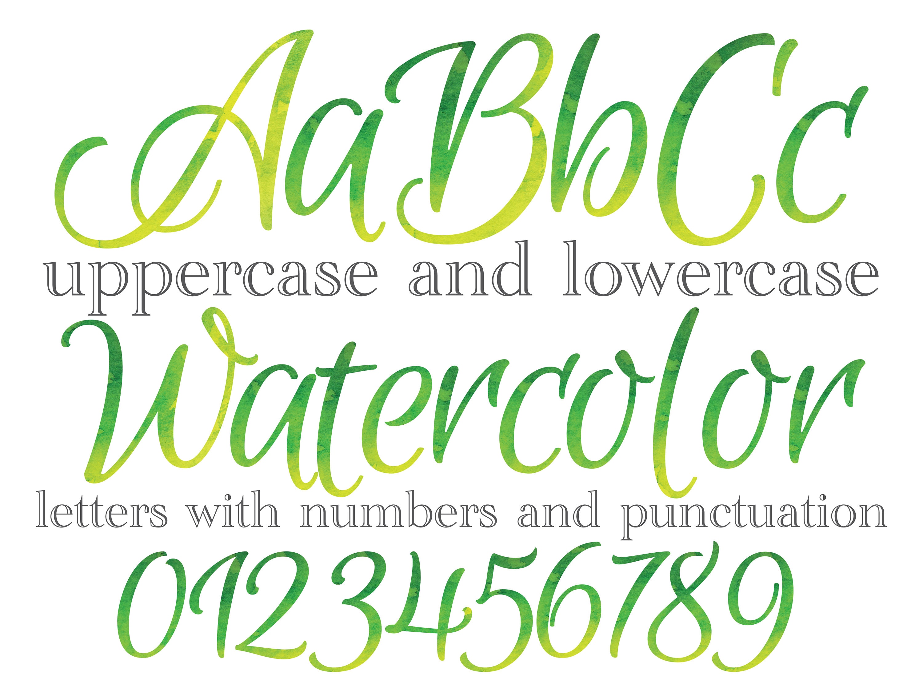 Green Watercolor Letters and Numbers, Script Watercolor Lettering ...