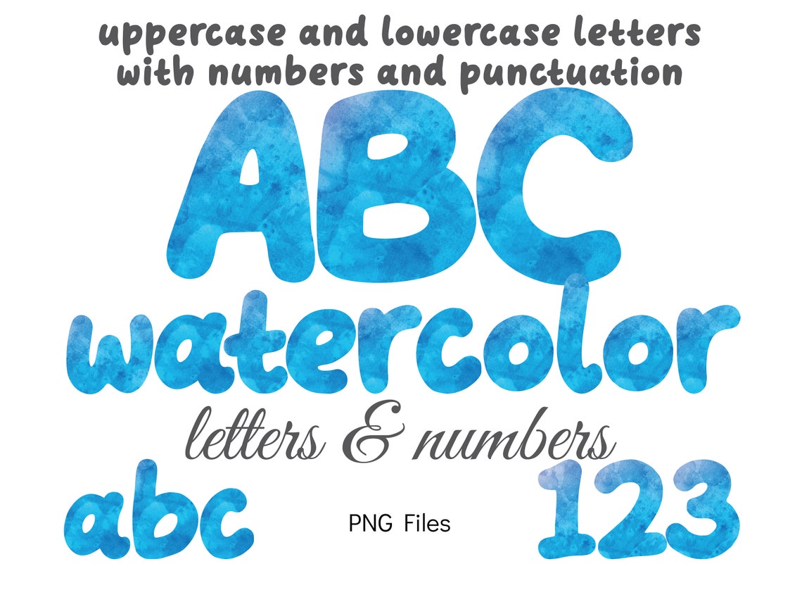 Blue Watercolor Alphabet Letters and Numbers, Blue Lettering ...