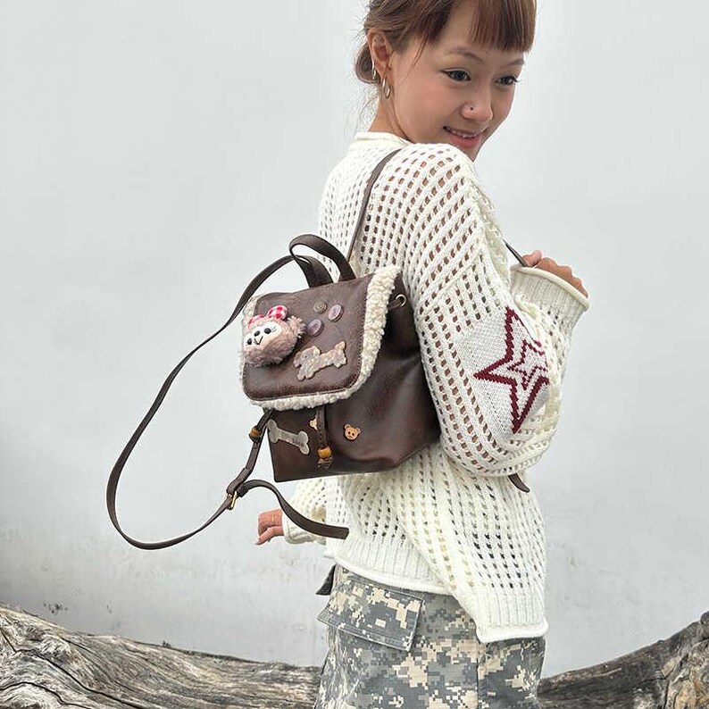 Cute Kawaii Patchwork Mini Backpack, Sweet Large Capacity Tote Bag ...