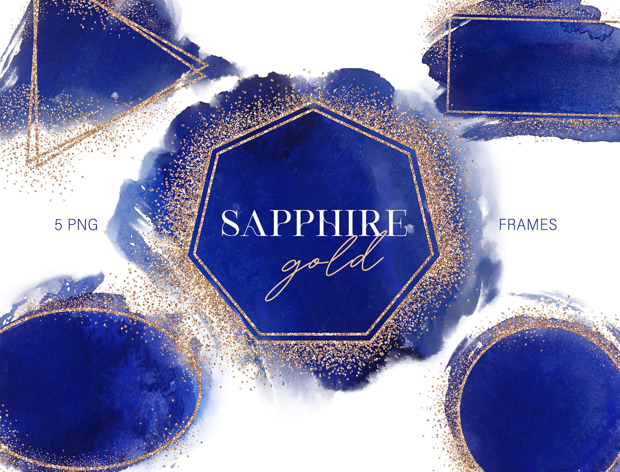 Watercolor Splash Frames Clipart. Sapphire Blue and Gold Glitter Brush ...