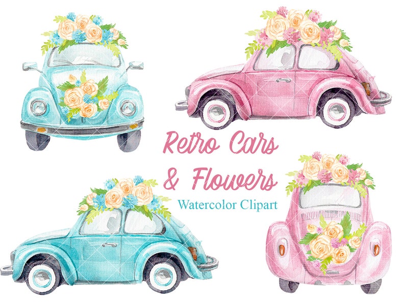 Watercolor Vintage Car Clipart Beetle Car With Flowers Cute Cars Png ...