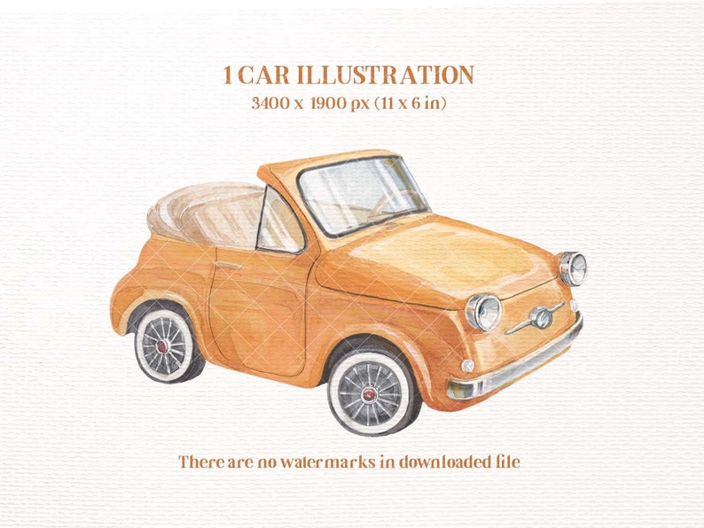Vintage Car Clipart. Classic Car Watercolor Png. Cute Yellow Fiat 500 ...