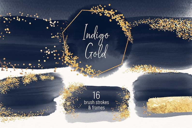 Watercolor Splash Clipart Indigo Gold Glitter Brush Stroke Png Abstract ...