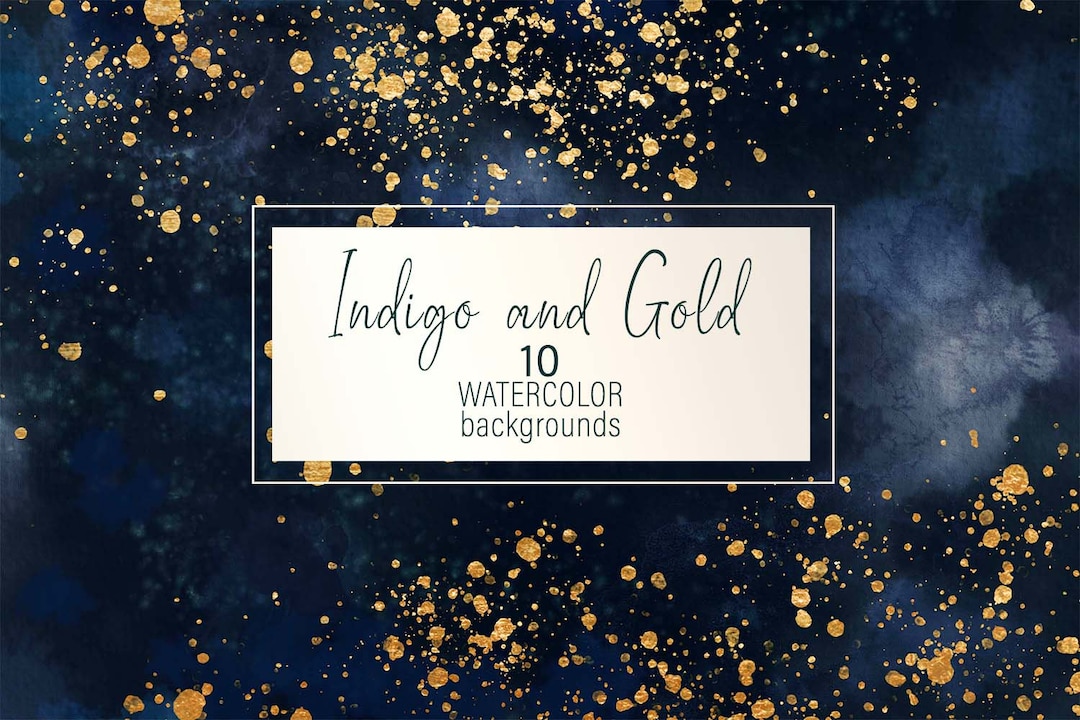 Indigo Gold Watercolor Background Clipart Gold Glitter Splashes ...