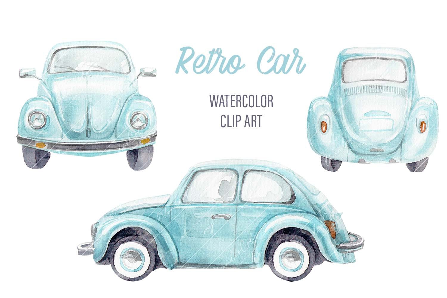 Vintage Car Clipart. Classic Car Watercolor Png. Cute Beetle Cat Art ...