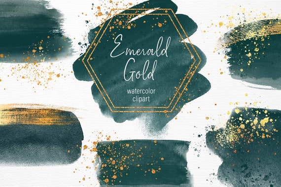 Watercolor Splash Clipart Emerald Gold Glitter Brush Stroke - Etsy